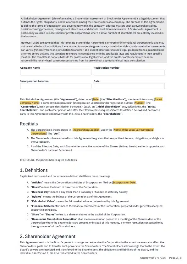 Stakeholder agreement template - Oneflow